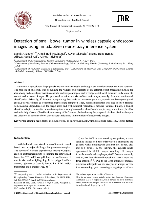 (PDF) Detection of small bowel tumor in wireless capsule endoscopy images using an adaptive ...
