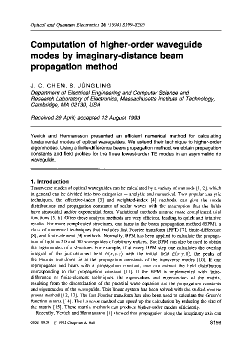 Pdf Computation Of Higher Order Waveguide Modes By Imaginary Distance Beam Propagation Method
