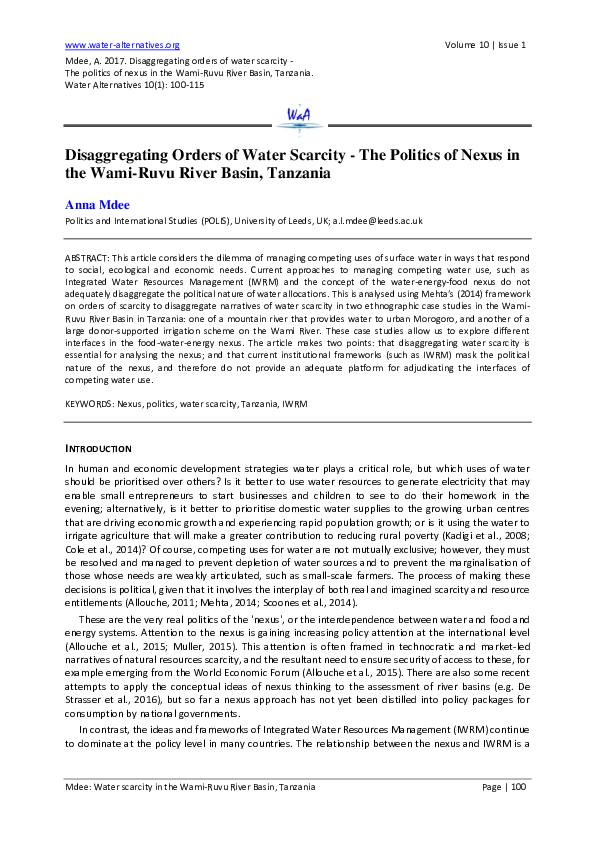 (PDF) Disaggregating Orders of Water Scarcity - The Politics of Nexus ...
