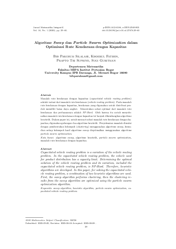 (PDF) Algoritme Sweep dan Particle Swarm Optimization dalam Optimisasi Rute Kendaraan dengan ...