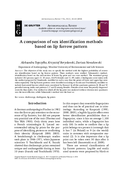Pdf A Comparison Of Sex Identification Methods Based On Lip Furrow