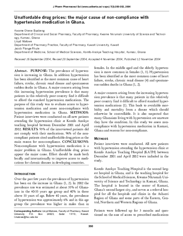 (PDF) Unaffordable drug prices: the major cause of non-compliance with ...