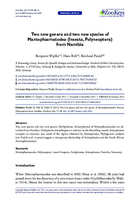 (PDF) Two new genera and two new species of Mantophasmatodea (Insecta ...