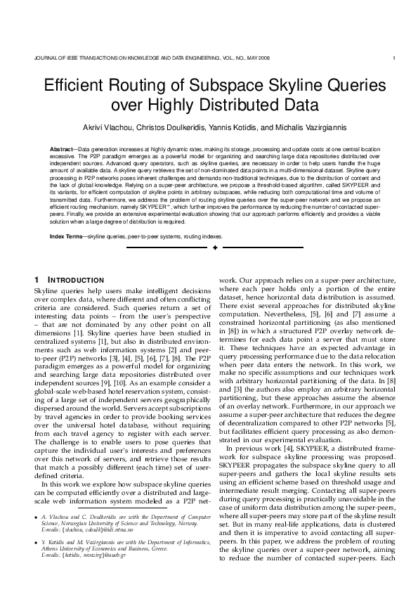 Pdf Efficient Routing Of Subspace Skyline Queries Over Highly Distributed Data Yannis 