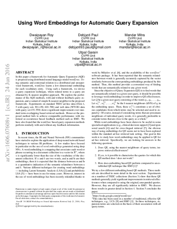 (PDF) Using Word Embeddings for Automatic Query Expansion