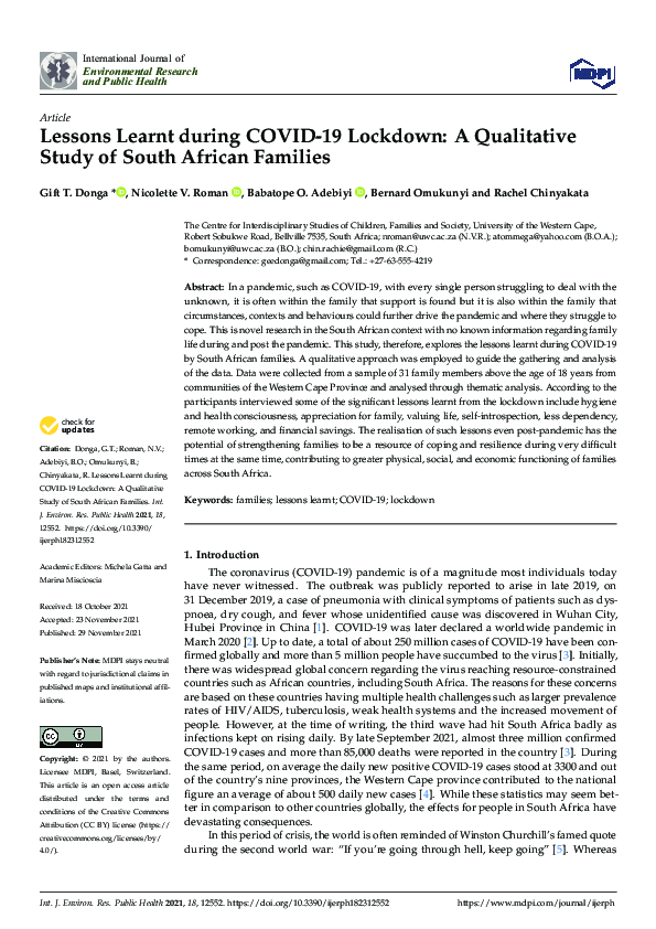 (PDF) Lessons Learnt during COVID-19 Lockdown: A Qualitative Study of South African Families