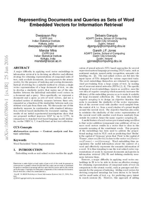 Pdf Representing Documents And Queries As Sets Of Word Embedded Vectors For Information Retrieval