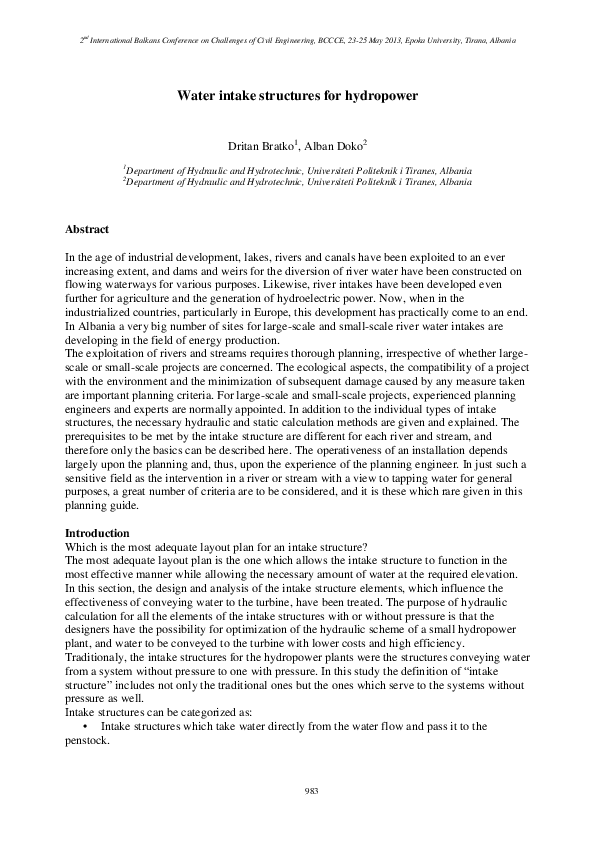 (PDF) Water intake structures for hydropower