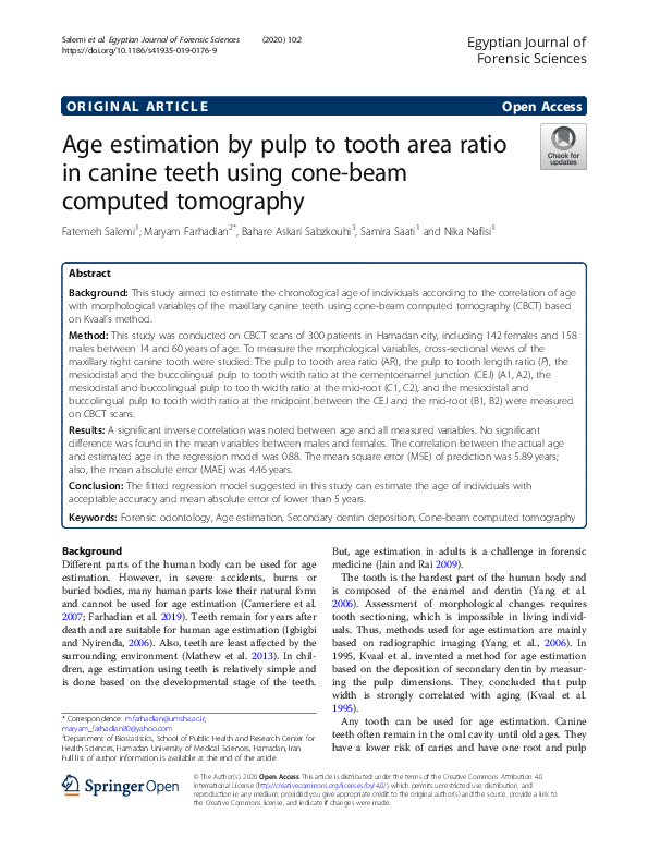(PDF) Age estimation by pulp to tooth area ratio in canine teeth using cone-beam computed tomography