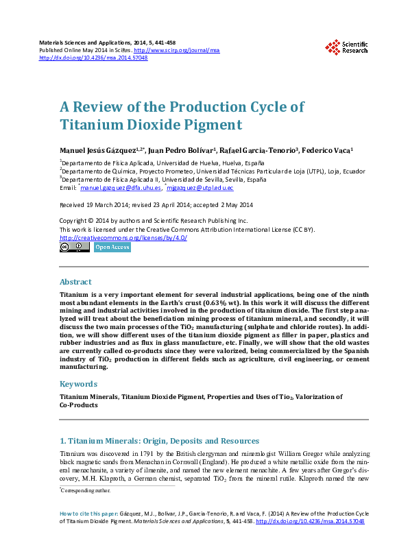 (PDF) A Review of the Production Cycle of Titanium Dioxide Pigment