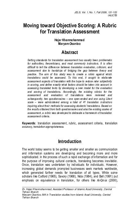 (PDF) Moving toward Objective Scoring: A Rubric for Translation Assessment