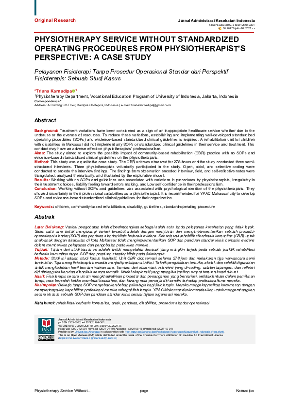 (PDF) Physiotherapy Service Without Standardized Operating Procedures ...
