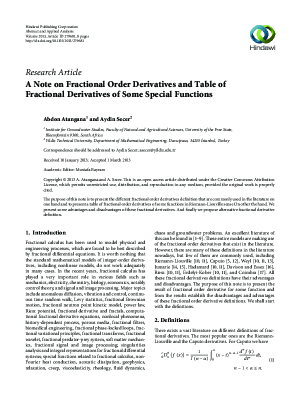 Pdf A Note On Fractional Order Derivatives And Table Of Fractional Derivatives Of Some Special