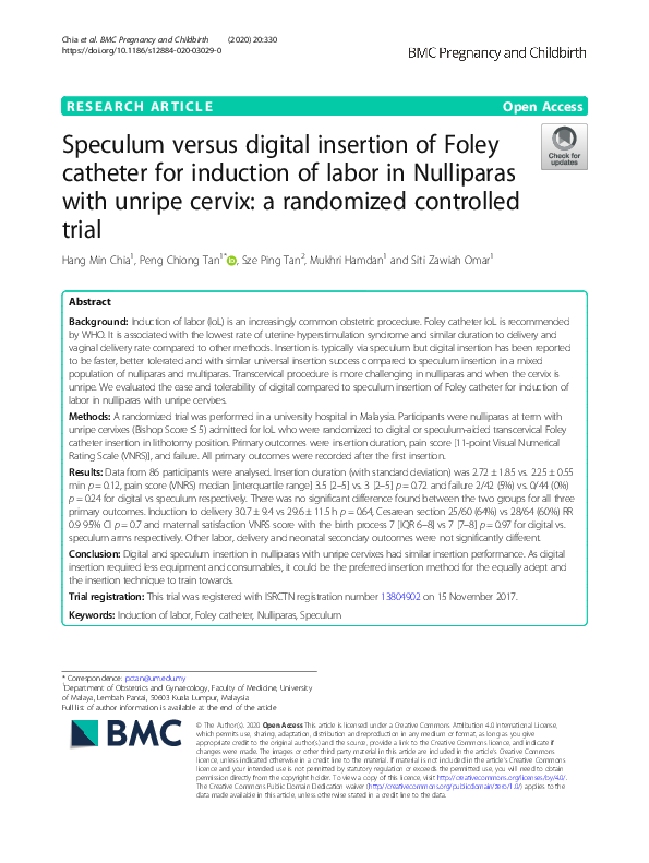 (PDF) Speculum versus digital insertion of Foley catheter for induction ...