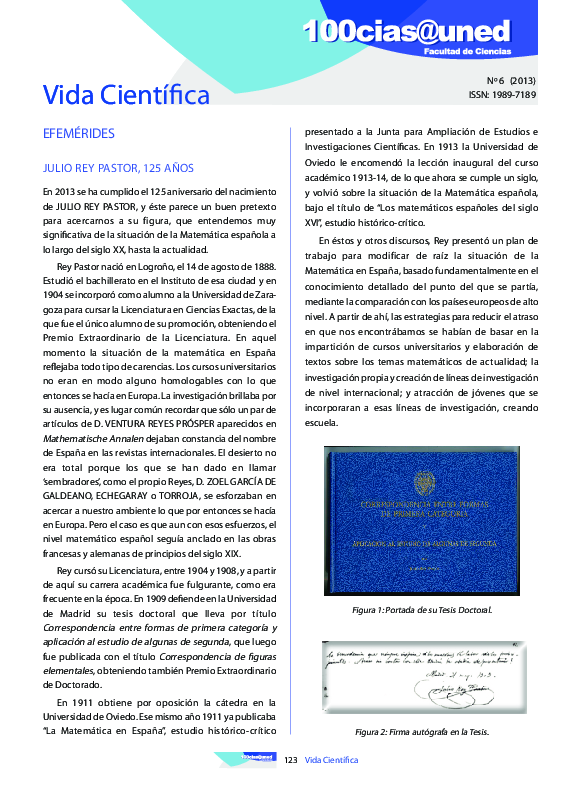 (PDF) Efemérides: Julio Rey Pastor, 125 años