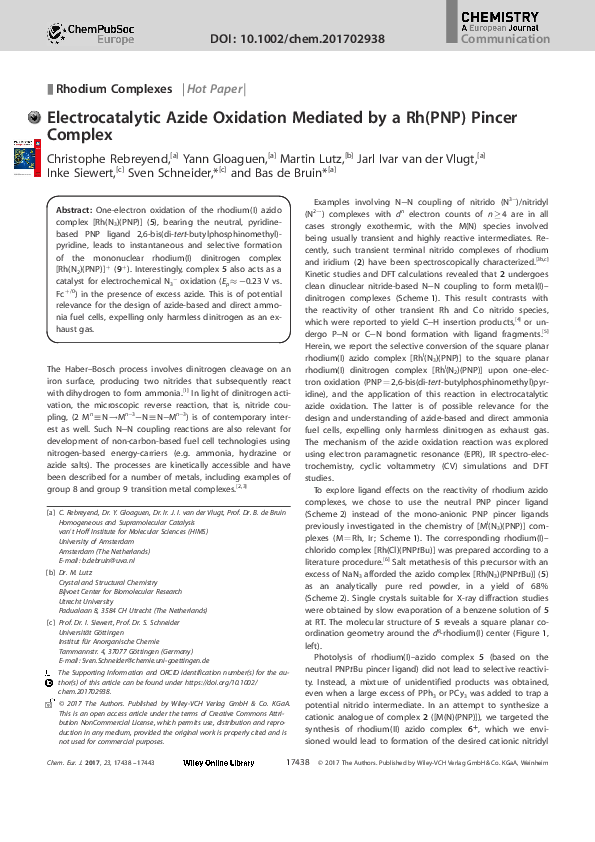 (PDF) Electrocatalytic Azide Oxidation Mediated by a Rh(PNP) Pincer Complex