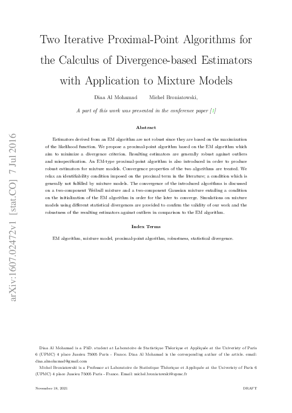 (PDF) Two Iterative Proximal-Point Algorithms for the Calculus of Divergence-based Estimators ...