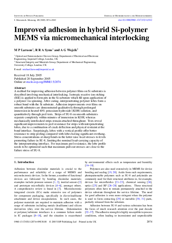(PDF) Improved adhesion in hybrid Si-polymer MEMS via micromechanical ...