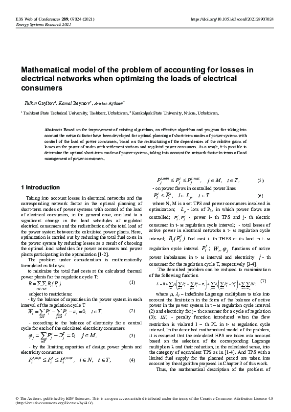(PDF) Mathematical model of the problem of accounting for losses in ...