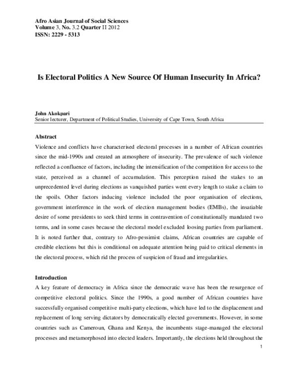 (PDF) Is Electoral Politics A New Source Of Human Insecurity In Africa