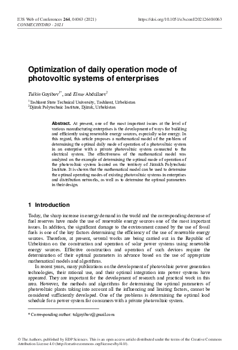(PDF) Optimization of daily operation mode of photovoltic systems of ...