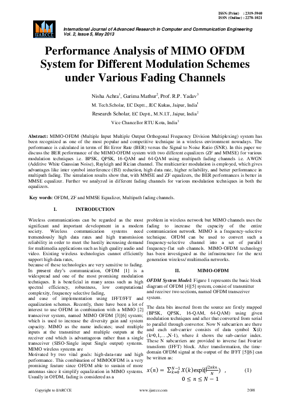 Pdf Performance Analysis Of Mimo Ofdm System For Different Modulation Schemes Under Various
