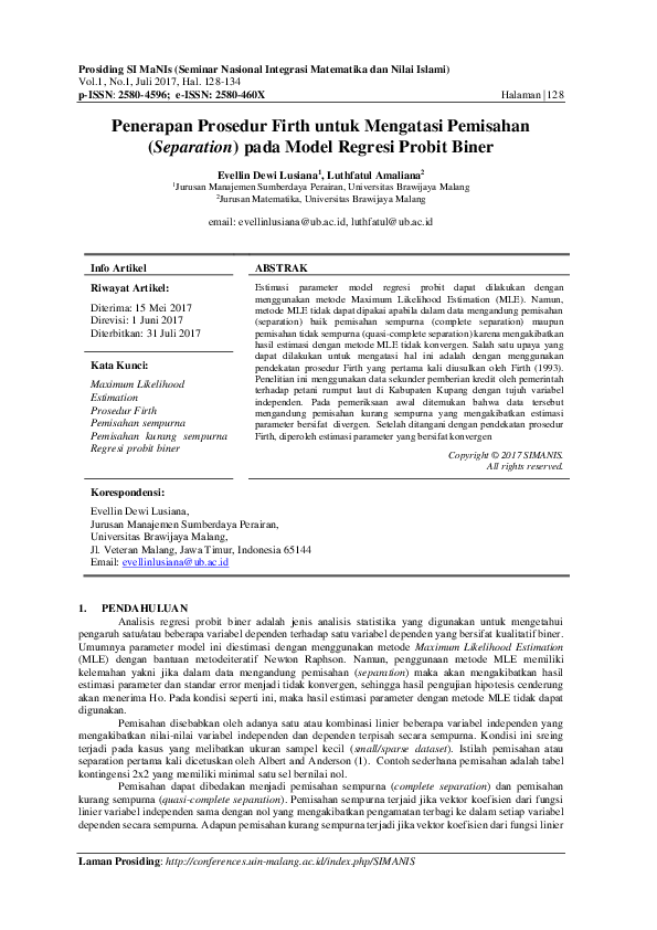 (PDF) Penerapan Prosedur Firth untuk Mengatasi Pemisahan (Separation) pada Model Regresi Probit ...