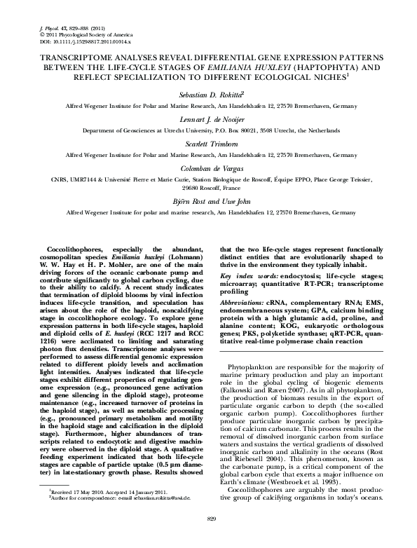 (PDF) Transcriptome Analyses Reveal Differential Gene Expression Patterns Between the Life‐Cycle ...