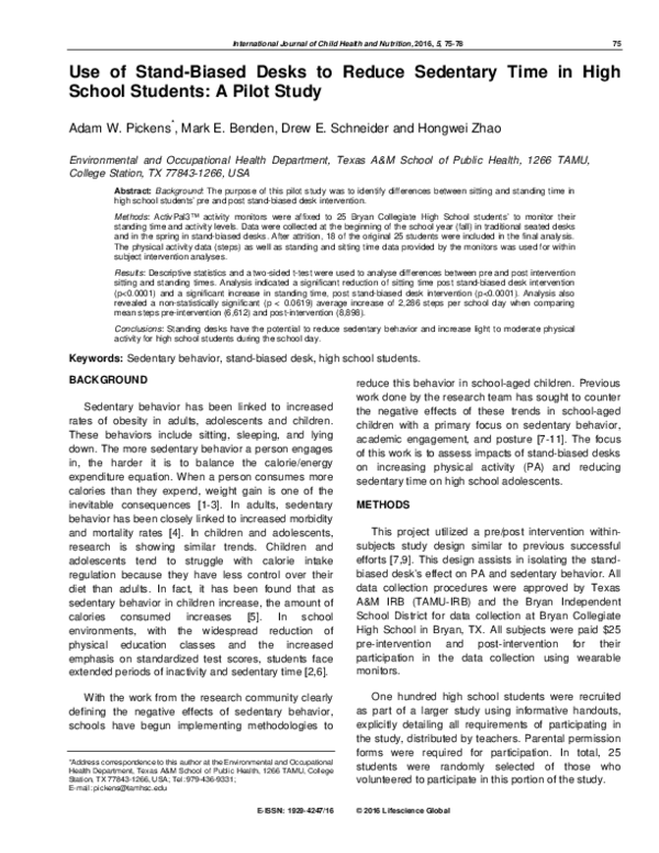 (PDF) Use of Stand-Biased Desks to Reduce Sedentary Time in High School ...
