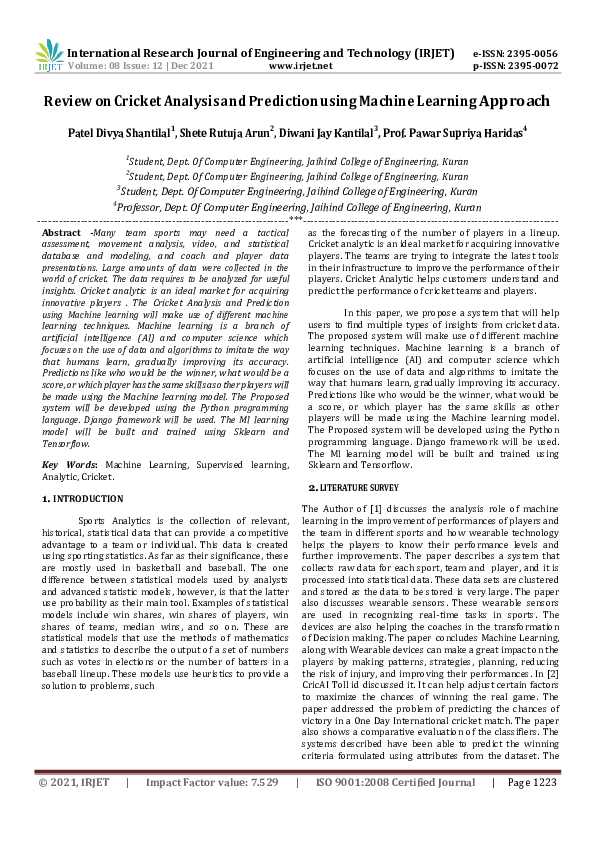 (PDF) IRJET- Review on Cricket Analysis and Prediction using Machine ...