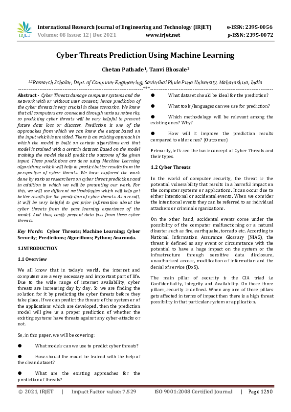 Pdf Irjet Cyber Threats Prediction Using Machine Learning