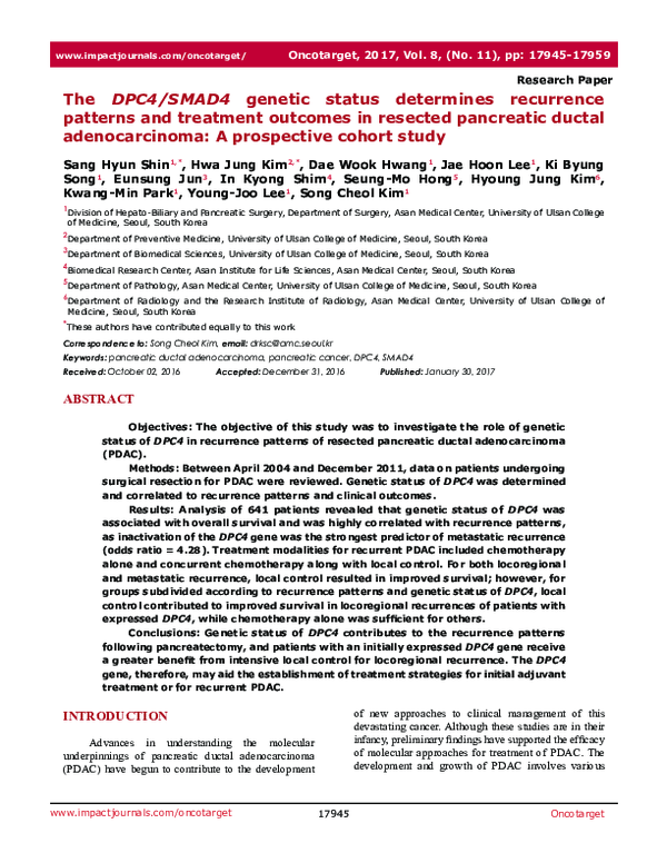 (PDF) The DPC4/SMAD4 genetic status determines recurrence patterns and ...