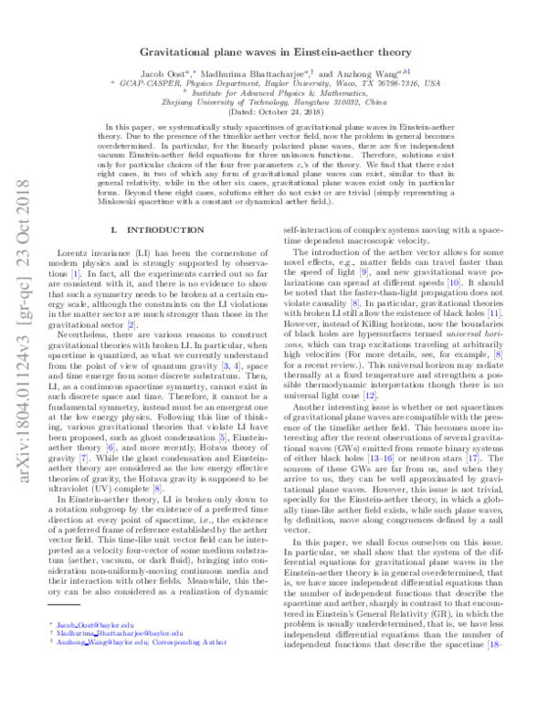 (PDF) Gravitational plane waves in Einstein-aether theory