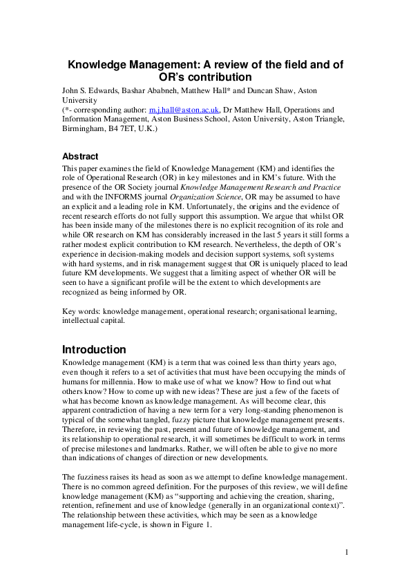 (PDF) Knowledge management: a review of the field and of OR's contribution