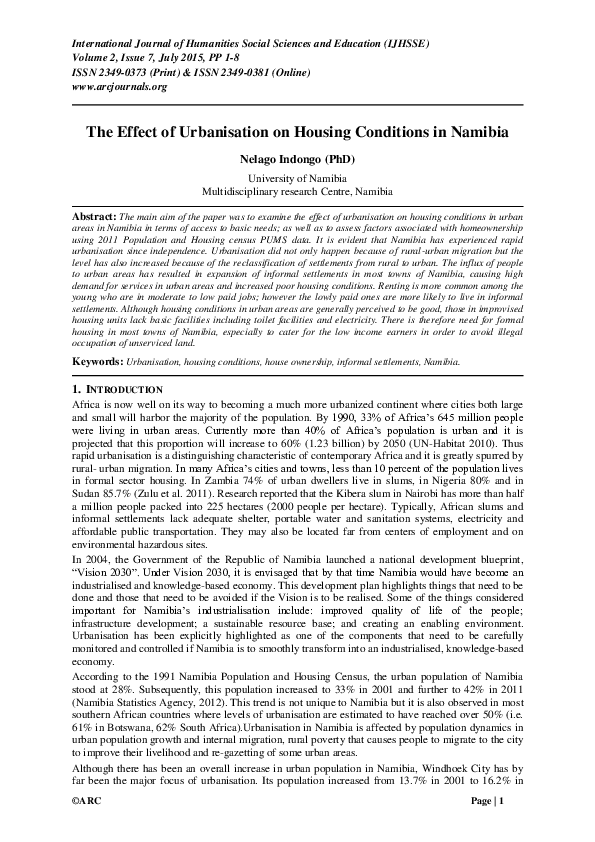 (PDF) The Effect of Urbanisation on Housing Conditions in Namibia
