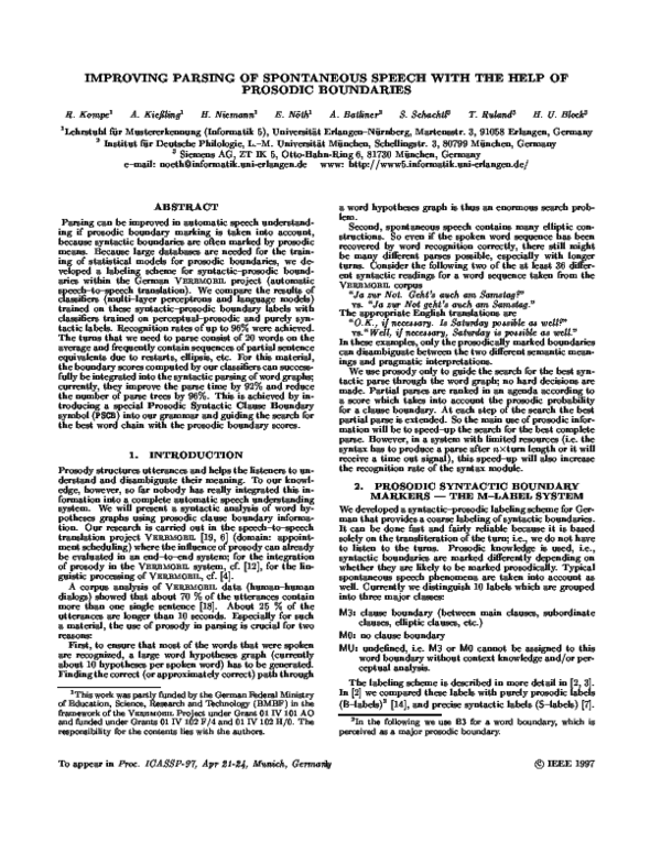 (PDF) Improving parsing of spontaneous speech with the help of prosodic boundaries | Elmar Nöth ...