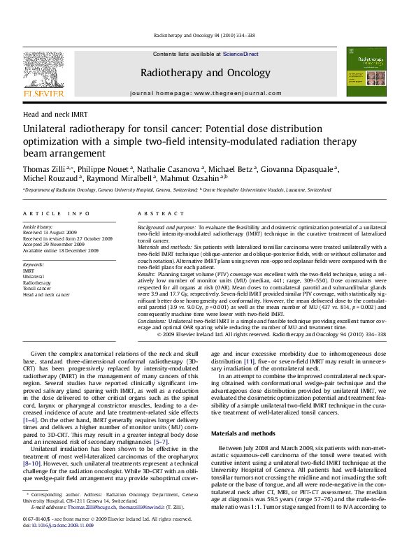 (PDF) Unilateral radiotherapy for tonsil cancer: Potential dose ...