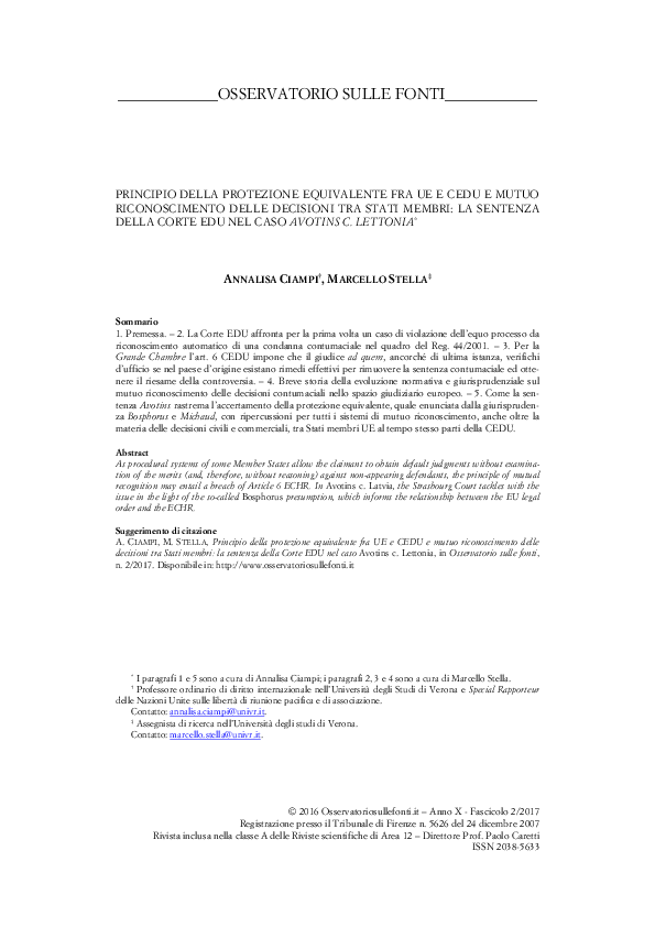 (PDF) Principio della protezione equivalente fra UE e CEDU e mutuo ...