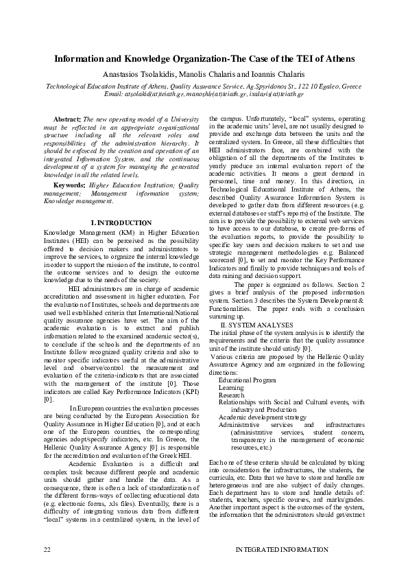 (PDF) Information and Knowledge Organization-The Case of the TEI of Athens