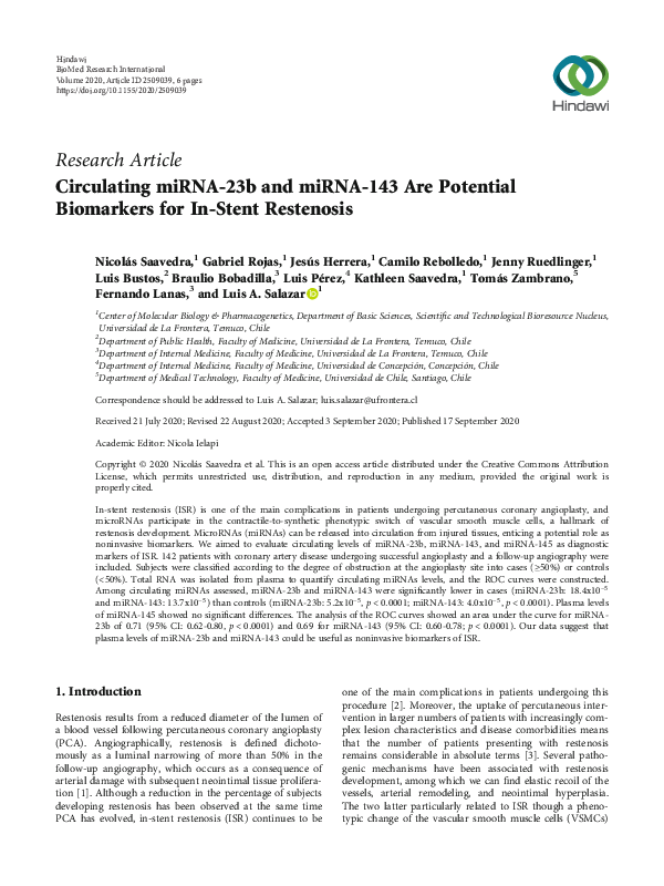 (PDF) Circulating miRNA-23b and miRNA-143 Are Potential Biomarkers for ...