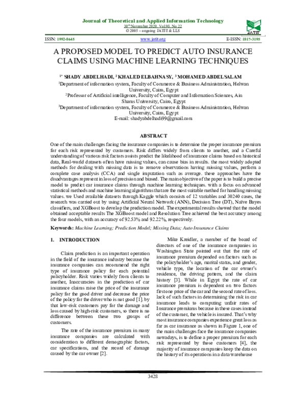(PDF) A Proposed Model to Predict Auto Insurance Claims Using Machine ...