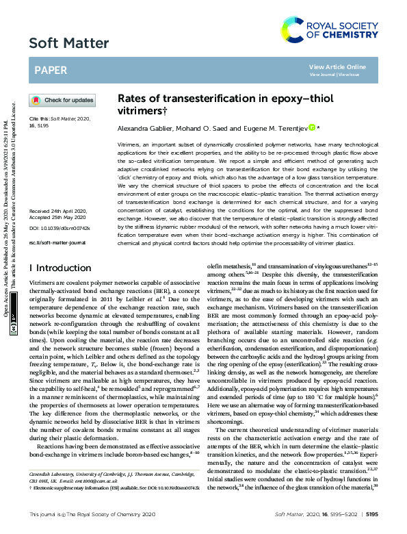 (PDF) Rates of transesterification in epoxy–thiol vitrimers