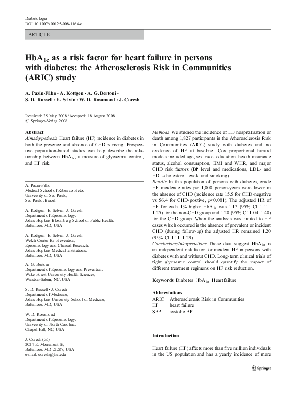 (PDF) HbA1c as a risk factor for heart failure in persons with diabetes ...