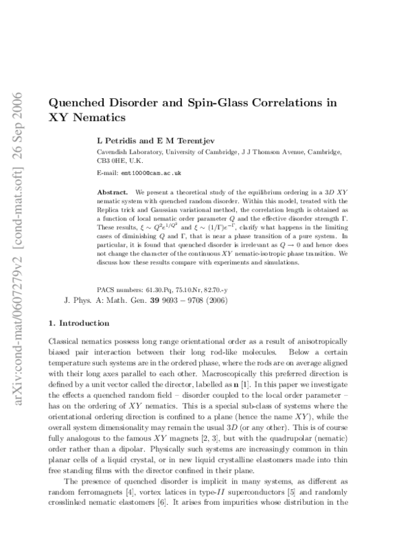 (PDF) Quenched disorder and spin-glass correlations inXYnematics