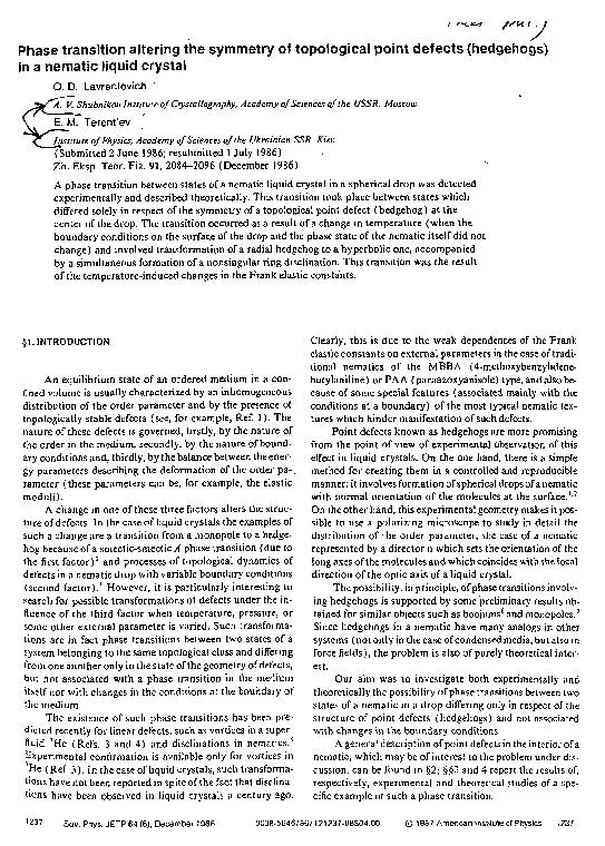 (PDF) Phase-Transition with the Change of Symmetry of Topological Point-Defects (Hedgehogs) in a ...
