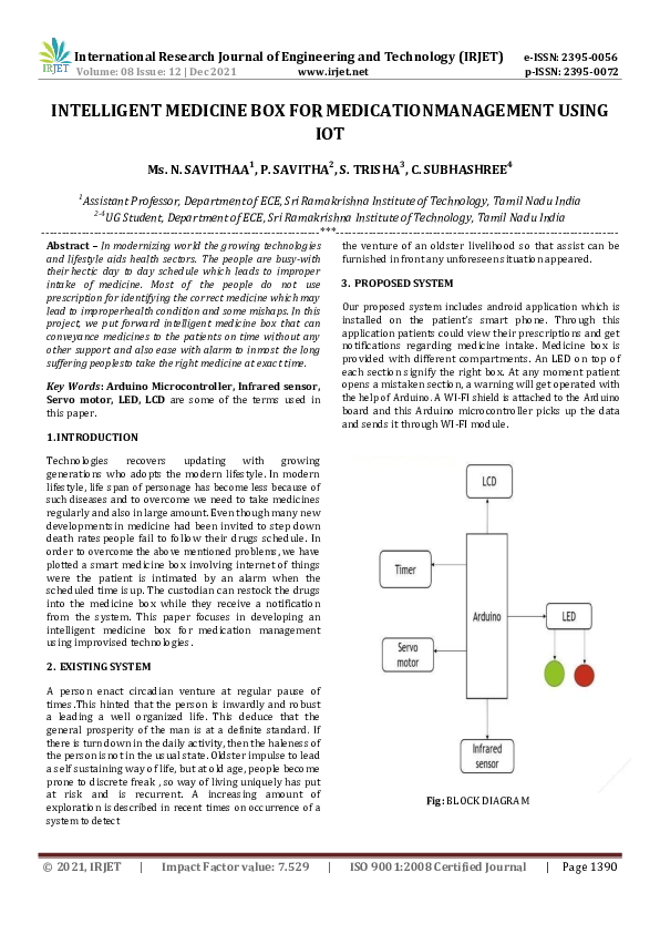 (PDF) IRJET- INTELLIGENT MEDICINE BOX FOR MEDICATION MANAGEMENT USING IOT
