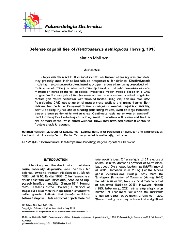 (PDF) Defense capabilities of Kentrosaurus aethiopicus Hennig, 1915