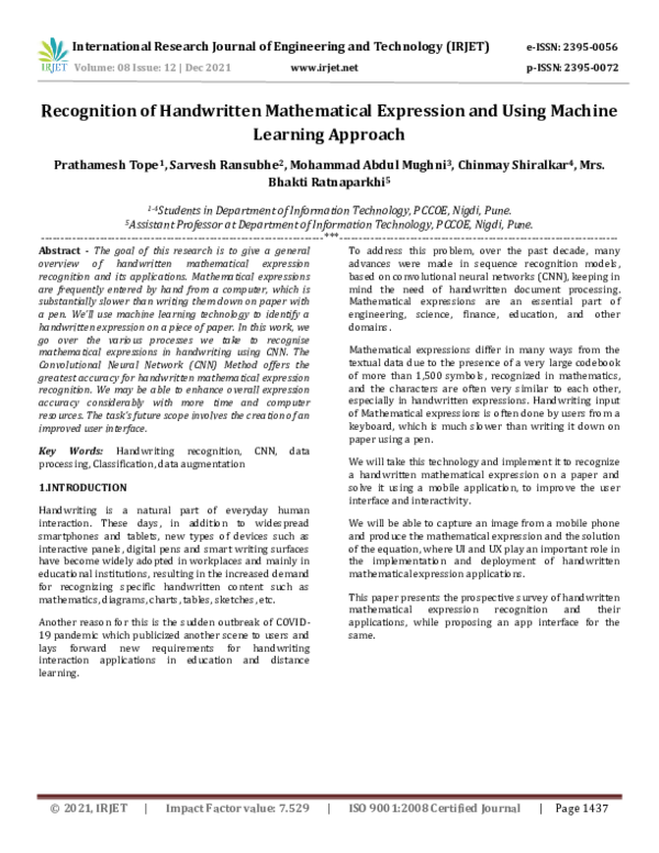 (PDF) IRJET- Recognition of Handwritten Mathematical Expression and ...
