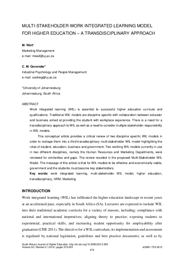 (PDF) Multi-stakeholder work integrated learning model for higher ...