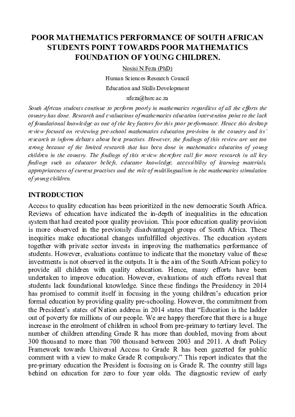 (PDF) Poor Mathematics Performance of South African Students Point ...